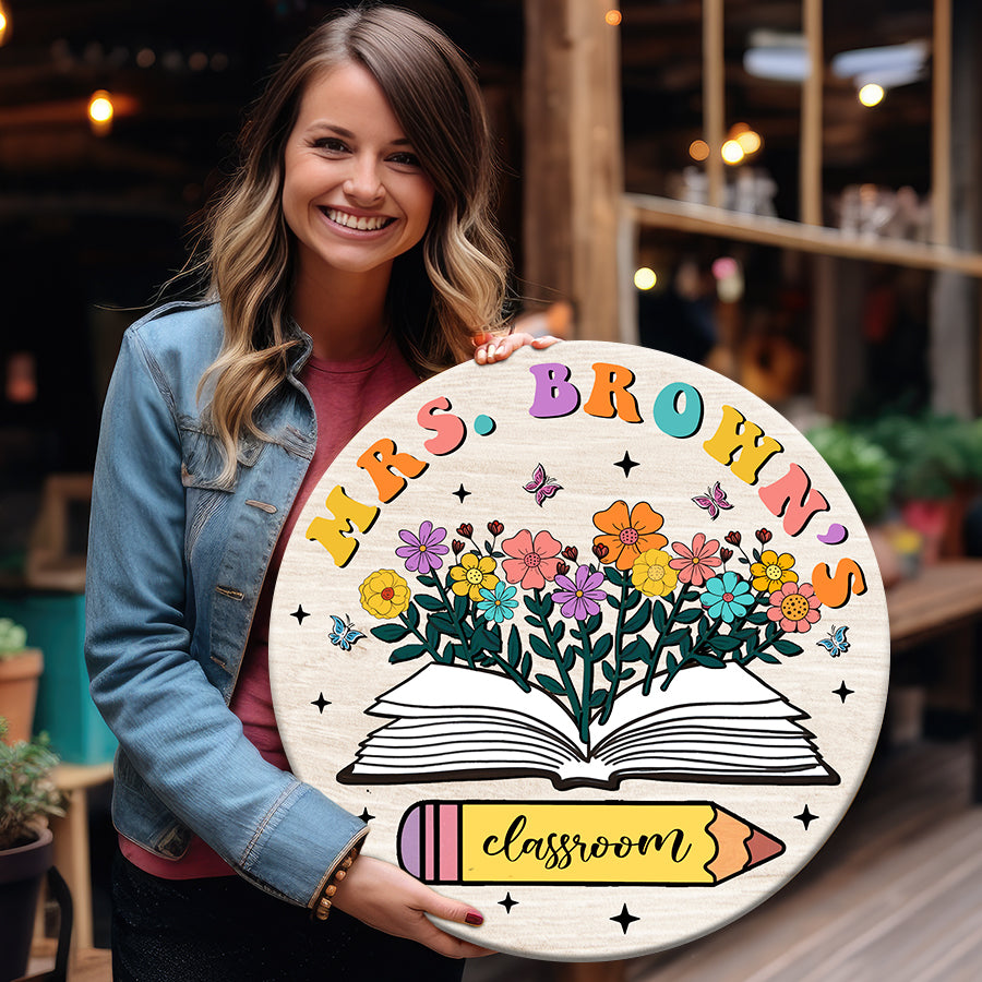 Custom Teacher Door Hanger With Flowers | Teacher Name Sign For ...