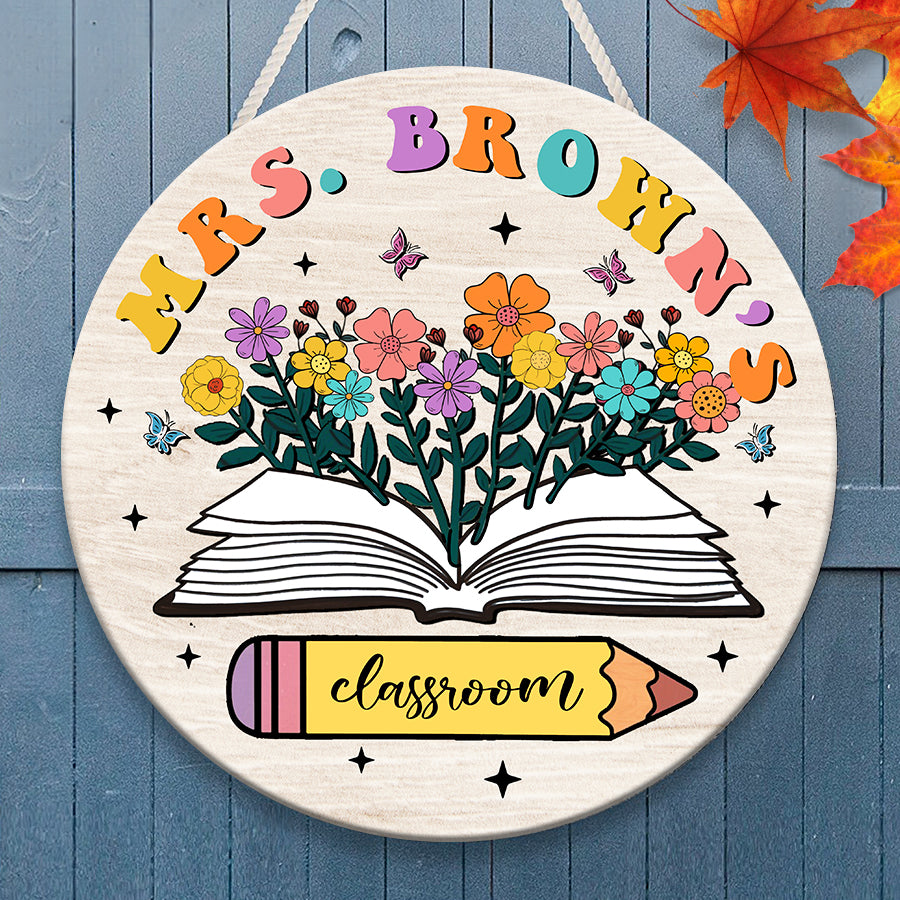 Custom Teacher Door Hanger With Flowers | Teacher Name Door Sign ...